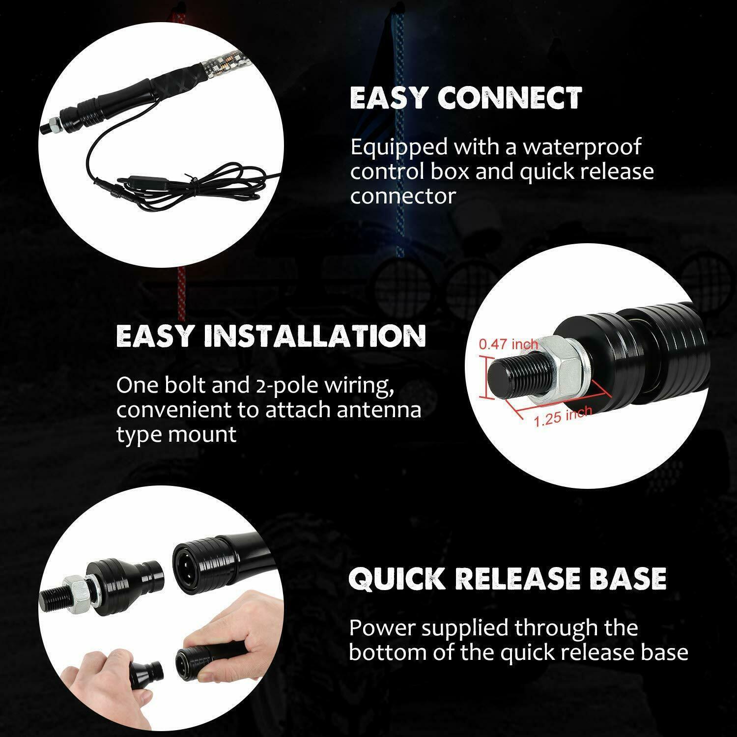 2X 3ft Lighted Spiral LED Whip Antenna w/Flag + 4 Pods RGB Rock Lights ...