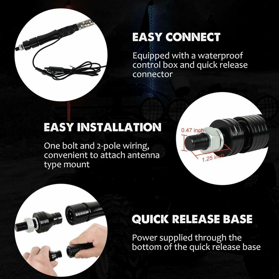 2X 3ft Lighted Spiral LED Whip Antenna w/Flag + 4 Pods RGB Rock Lights ...