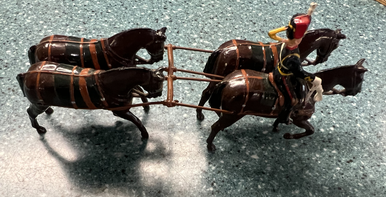 British Hand Painted Metal Team of 4 Horses With Mounted Lead Soldier ...