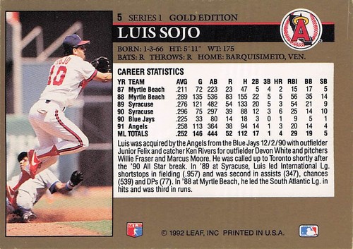 1992 Leaf #5 Luis Sojo Black Gold | eBay