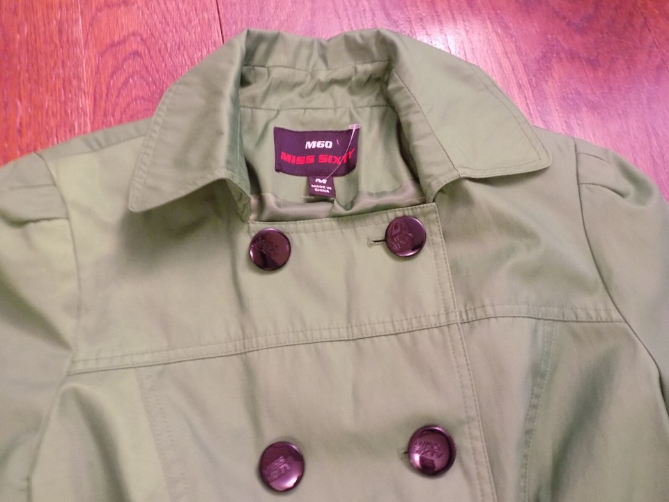 Miss Sixty M60 Kelly Green Double Breasted Pea Rain Jacket Coat Pleat ...