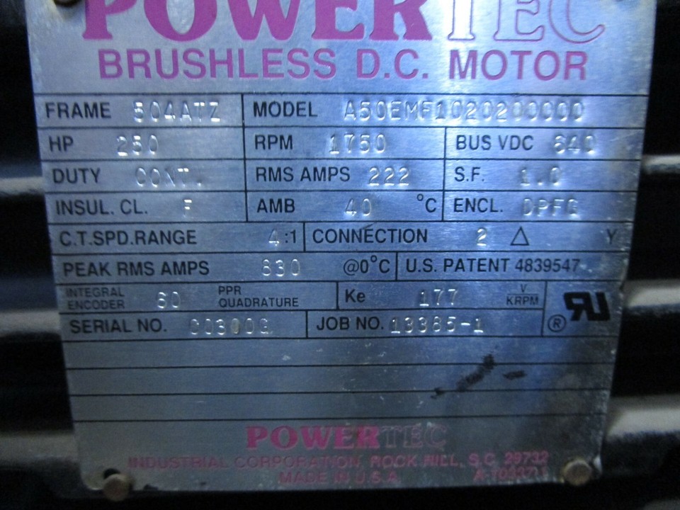 POWERTEC BRUSHLESS DC MOTOR 250HP 250 hp 1750RPM 640VDC 504ATZ ...