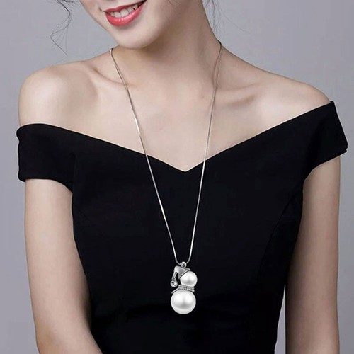 Cute Snowman Pendant Long Necklace Women Pearl Sweater Chain Christmas ...