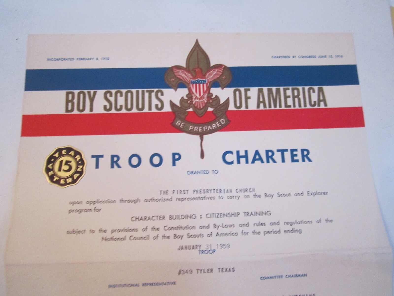1959 BOY SCOUTS OF AMERICA TROOP CHARTER CERTIFICATE - 12" X 9" - RSS ...