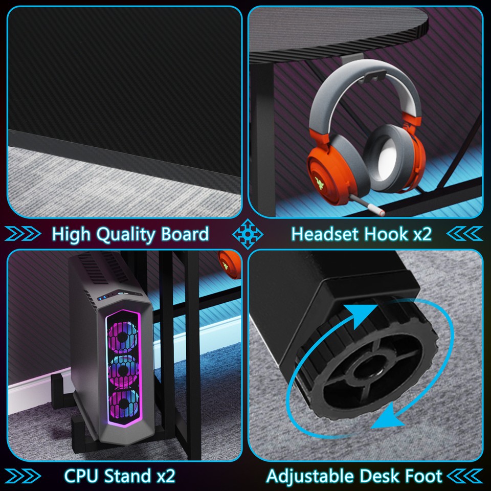 Black Wood Gaming Desk with Led Strip, Computer Desk Workstation ...