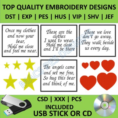 Memorial quotes PES DST JEF embroidery designs on USB / CD memory bear ...