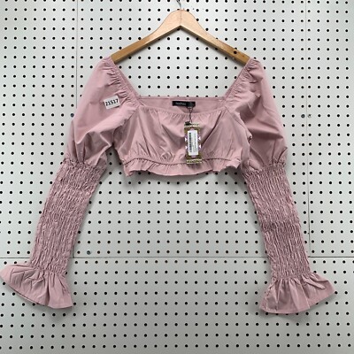 Boohoo Womens Crop Top Pink Off The Shoulder Scrunch Sleeve Ladies Size ...