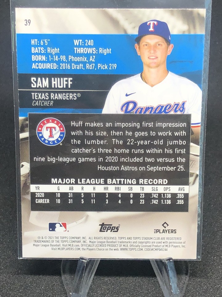 2021 Topps Stadium Club base #39 Sam Huff - Texas Rangers RC | eBay