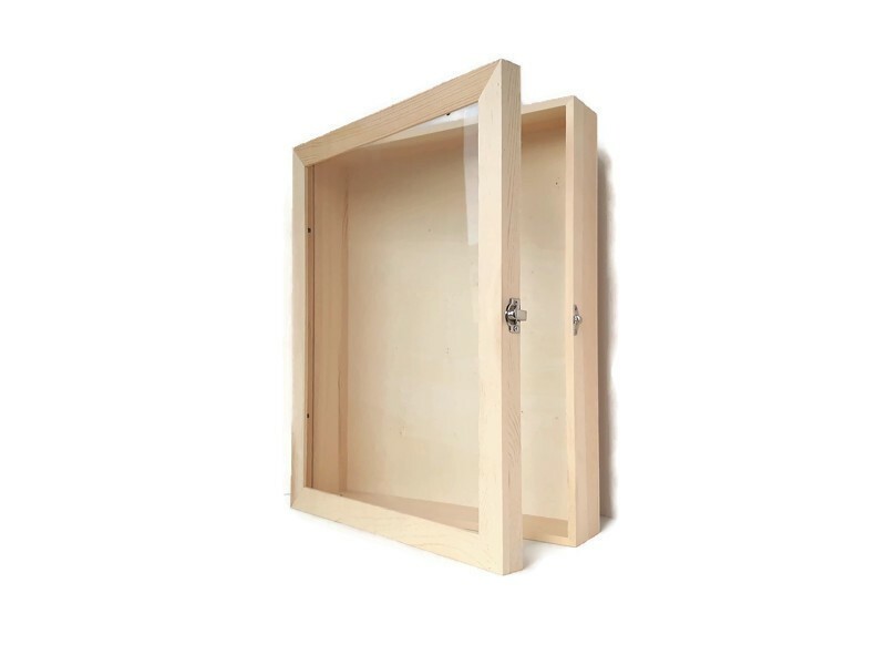 Deep Unfinished wood Shadow Box Glass door 15 " x 12" x 3 " Memory box ...