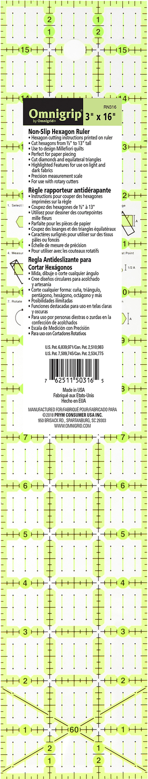 Dritz Omnigrid Omnigrip Ruler Hexagon 3in x 16in Rulers & Accessories ...