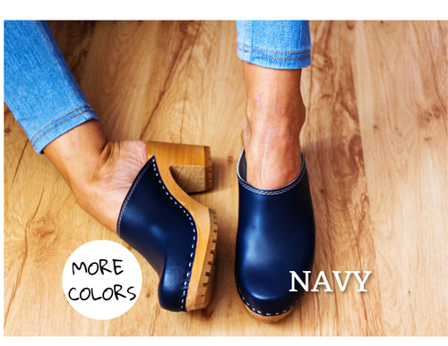 Women clogs high heel clogs leather shoes wooden lug sole 7, 8,5 9 ...