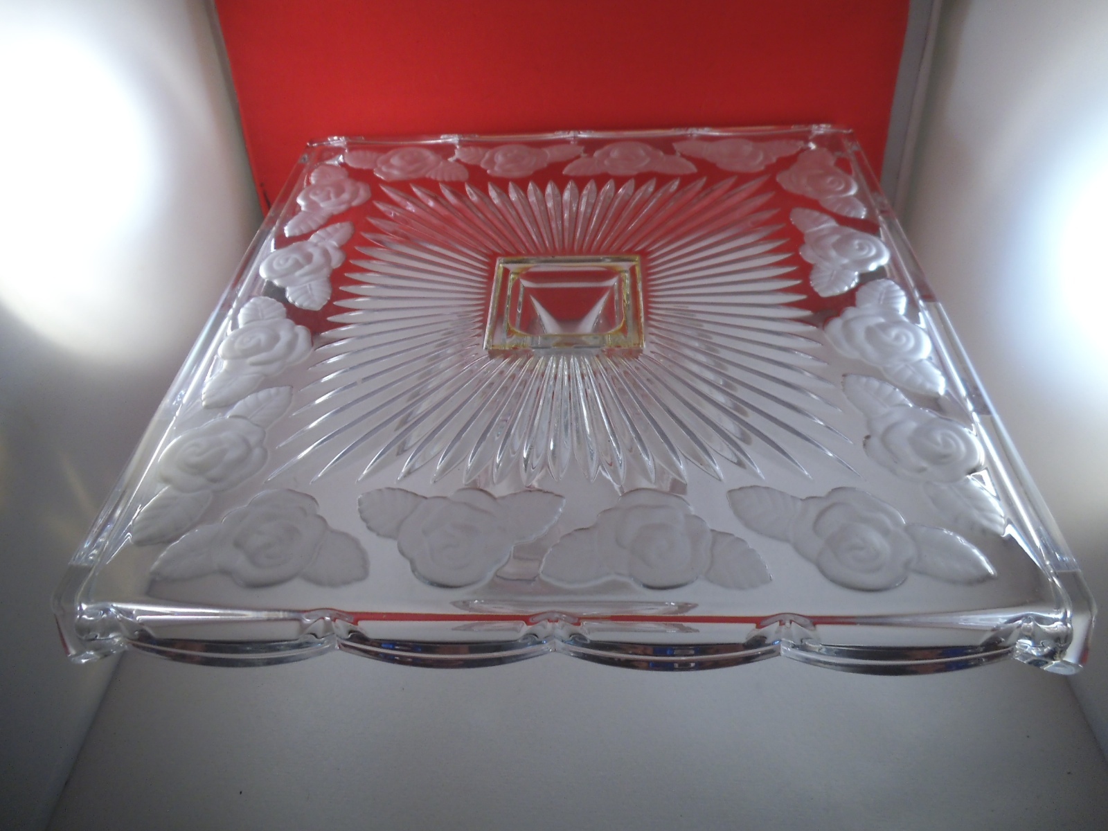 Lovely Heavy Crystal Clear Glass Square Cake Plate Stand Frosted Roses ...