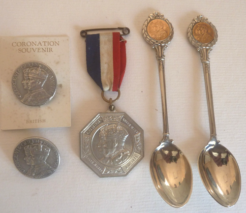King George Queen Mary Silver Jubilee Medal + Two Spoons + Two pins ...
