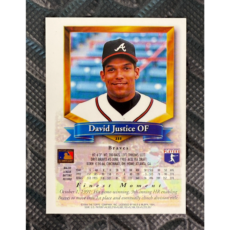 1994 Topps Finest David Justice Refractor Atlanta Braves #233 MLB Finest Moment | eBay