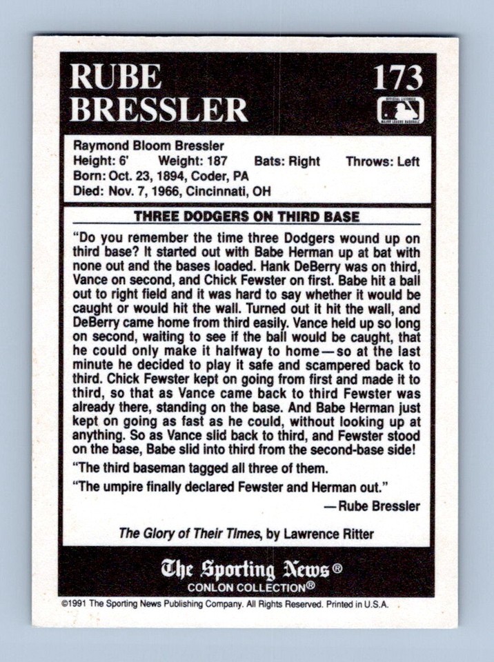 1991 Conlon Collection #173 Rube Bressler Story | eBay