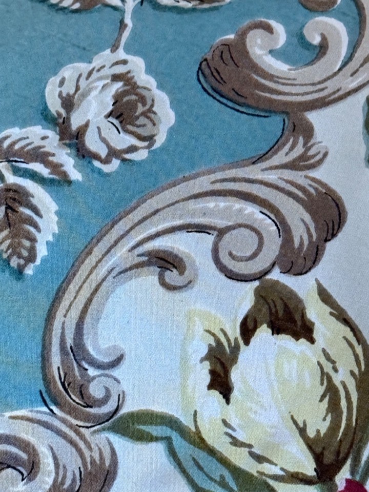 Venetian Pompadour ROSES on Blue Rococo Mid Century Barkcloth era ...