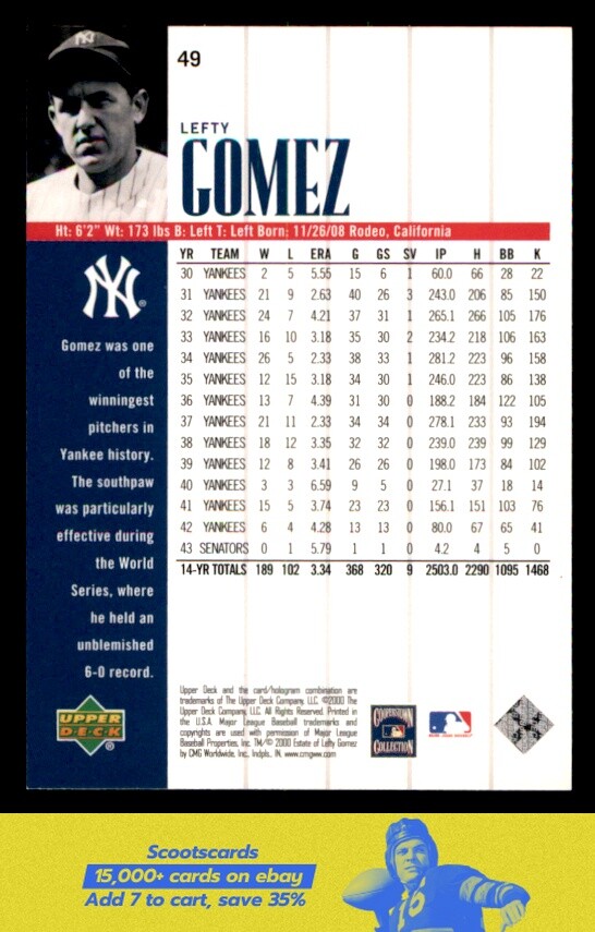 2000 Upper Deck Yankees Legends Lefty Gomez card #49 New York Yankees ...