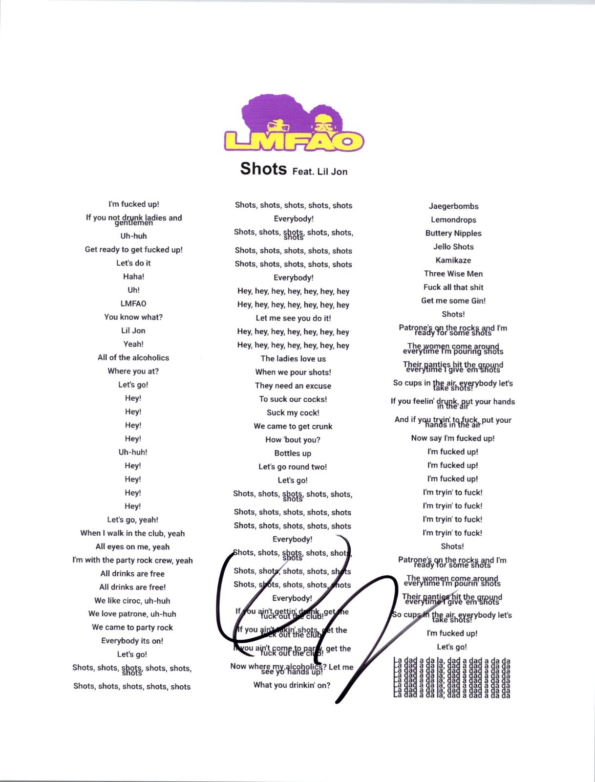 Lil Jon Rapper Shots LMFAO Signed Autographed Lyric Sheet COA Atlanta ...