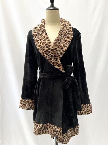 Women Short Black Leopard Slim Fit Drape Soft Bathrobe Dressing Gown ...