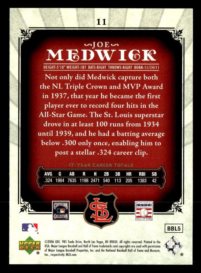 Joe Medwick 2006 SP Legendary Cuts Card #11 St. Louis Cardinals | eBay