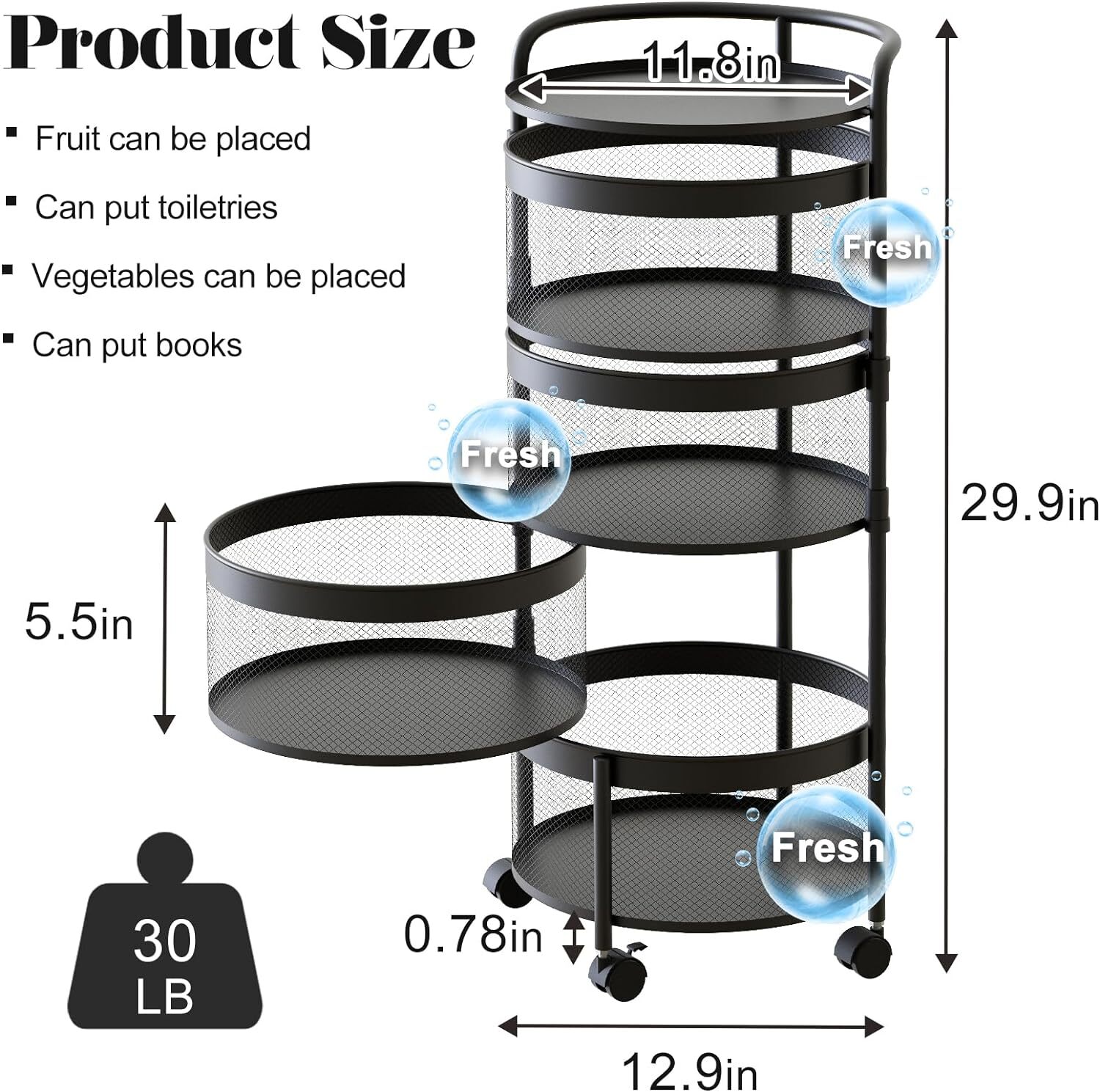 Rotating Kitchen Storage Rack No Assembly, 4-Tier Round Metal Storage ...