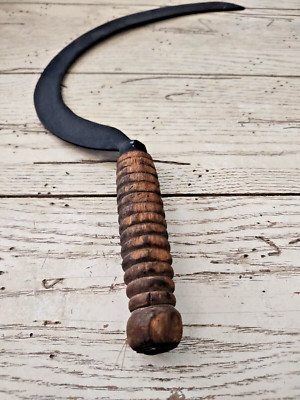 Vintage Hand Scythe Farm Tool w/ Round Wood Handle w/ridges | eBay
