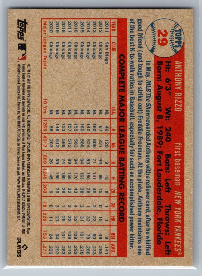 2021 Topps Archives '57 Baseball #29 Anthony Rizzo New York Yankees | eBay