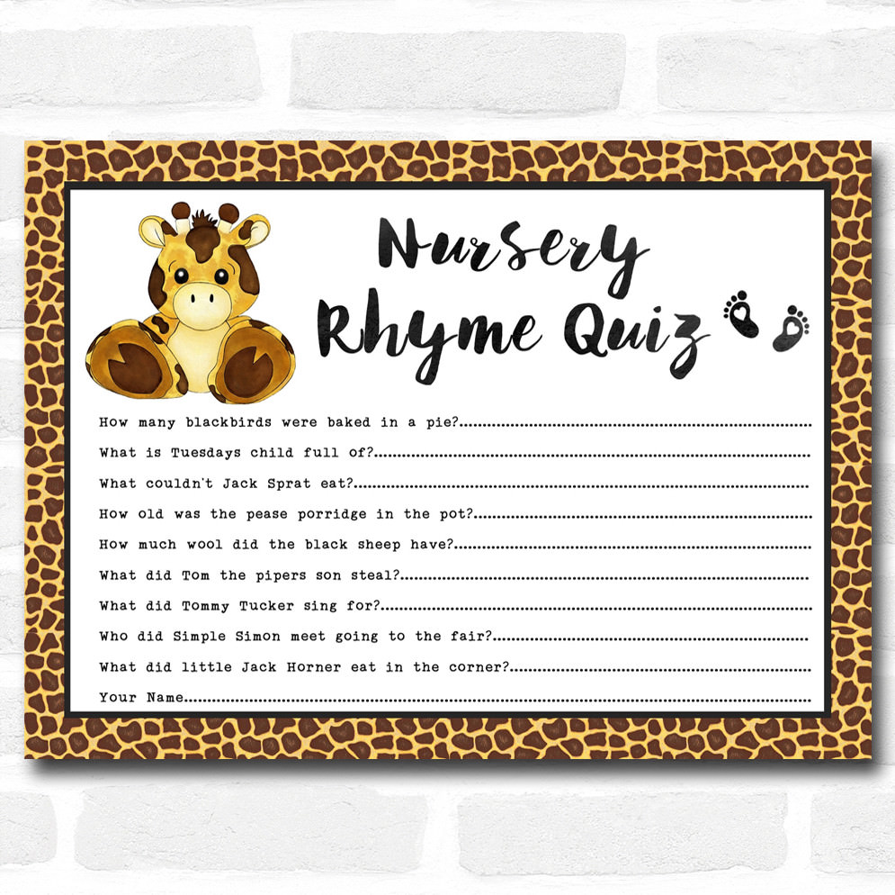 Printable Nursery Rhyme Trivia Giraffe Animal Print Baby Shower Games