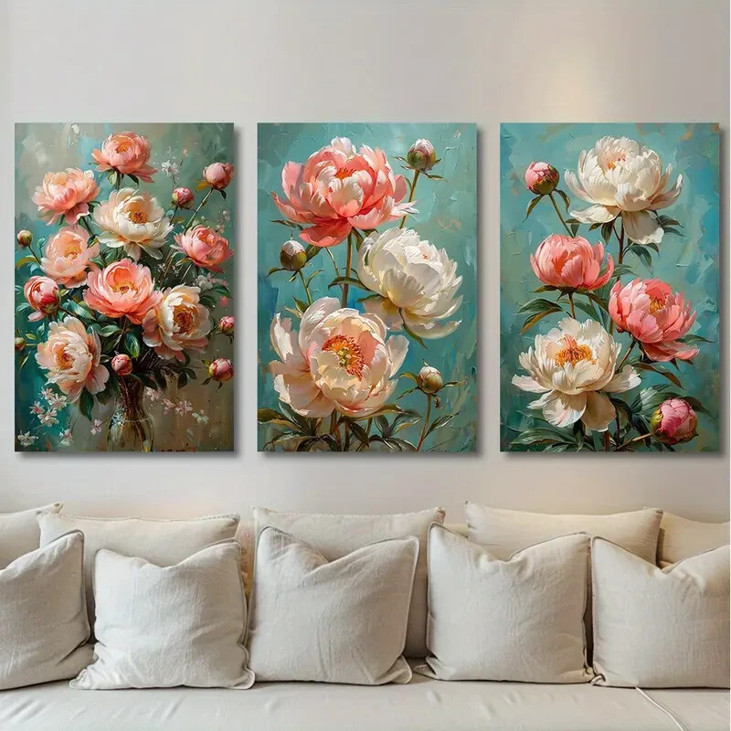 3pcs Peony Blossom Wall Art Floral Oil Paintings Canvas Unframed | eBay