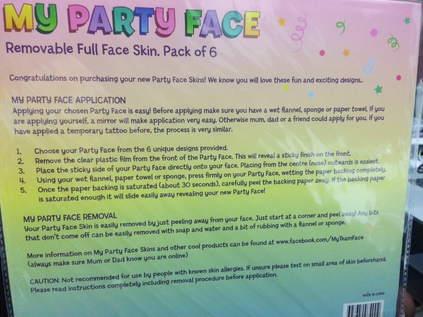 My Party Faces Removable Party Face Skin 6 x Animal Costume Mask Temp ...