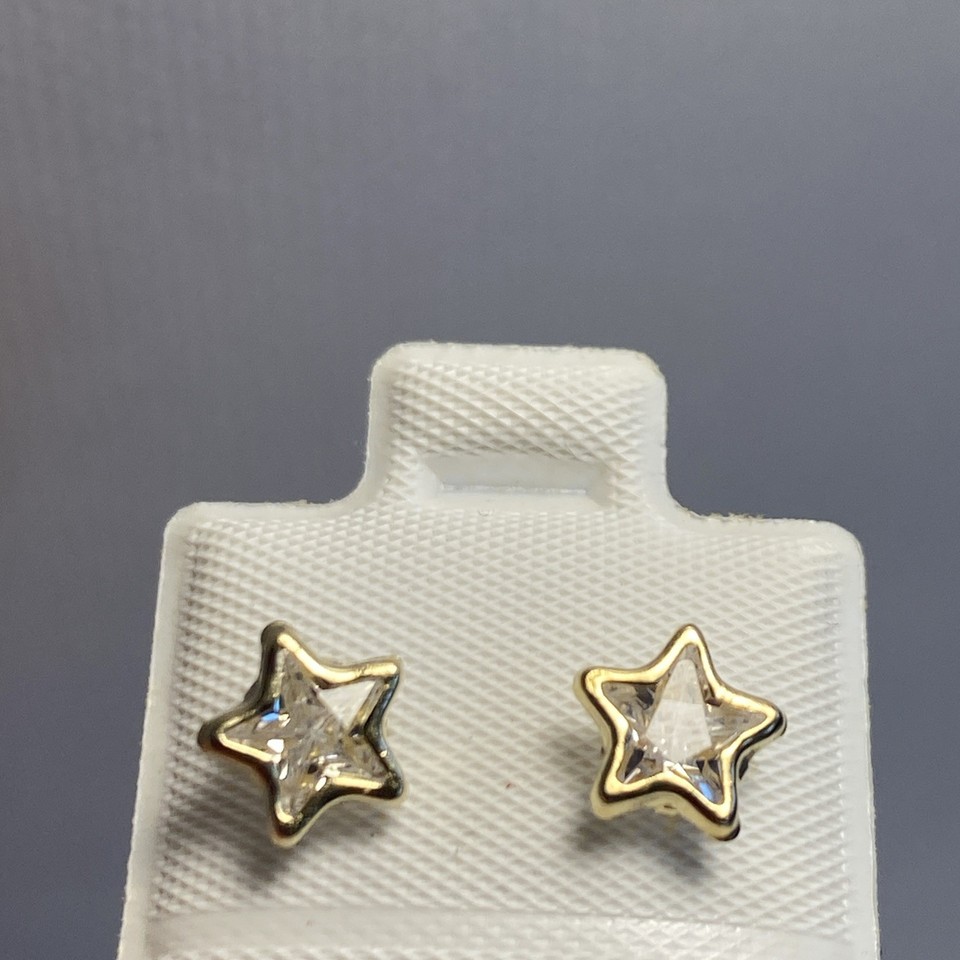 10k Yellow Gold Star Cz With Bevel Stud Earrings For Girls Or Second ...