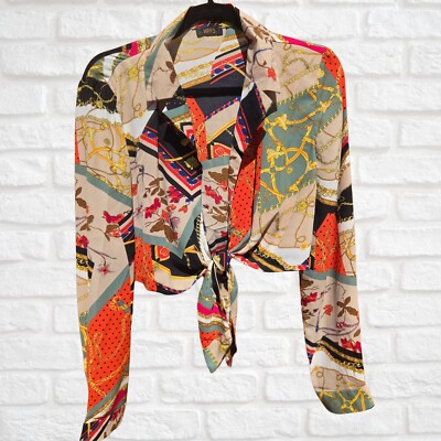 Women's Vintage Chain Print Tie Front Crop Length Blouse Top | eBay