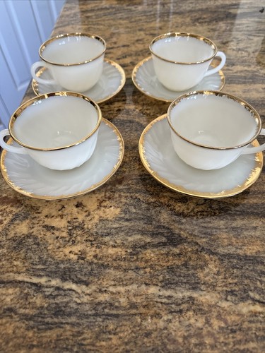 4 FIRE KING ANCHOR HOCKING Milk Glass Swirl Shell Gold Rim Teacup ...