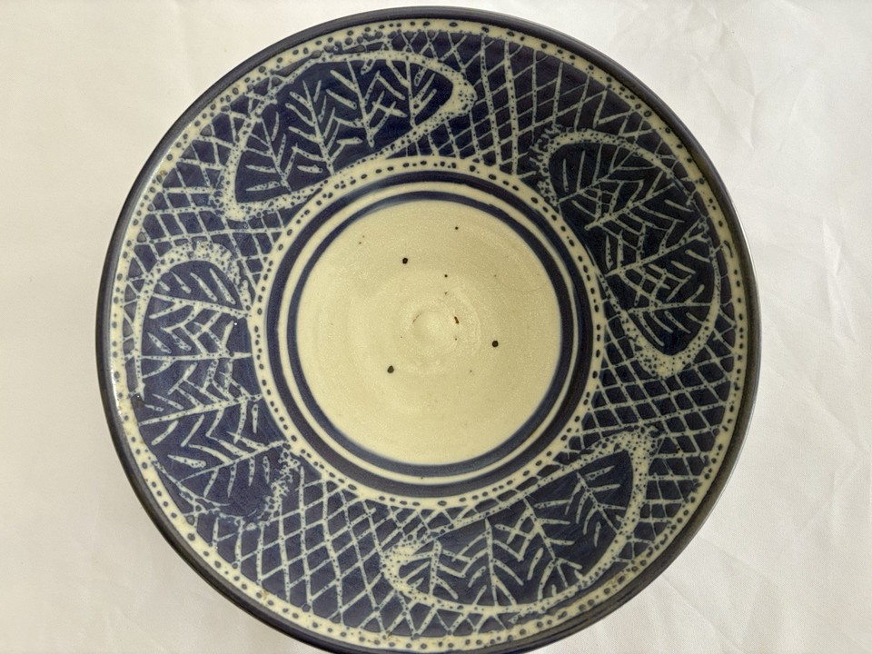 Vintage Mideke Studio Art Pottery Custom Made Bowl Blue Leaf Design 10 ...