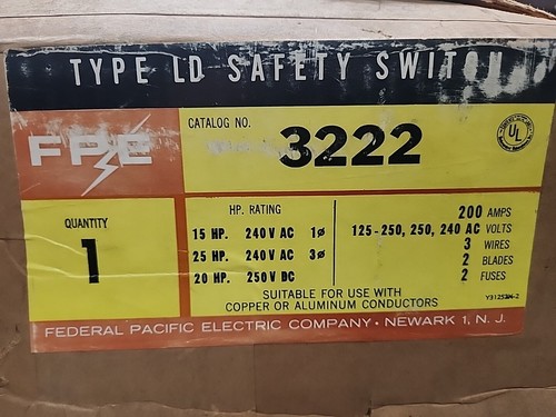 FEDERAL PACIFIC GENERAL DUTY SAFETY SWITCH 3222 200AMP 240VAC/250VDC | eBay