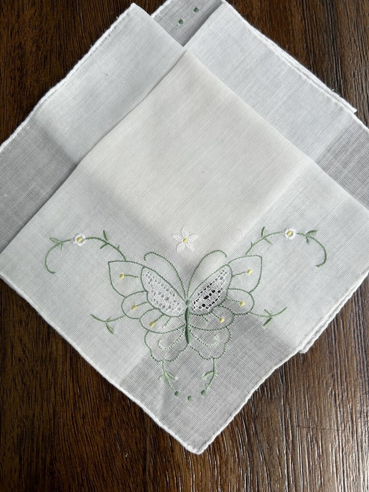 Vintage Handkerchief Hankie Embroidered Butterfly Green Yellow Tatting ...