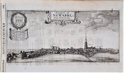 RARE ANTIQUE ETCHING NEWARK from Hawton way NOTTINGHAMSHIRE c1677 by W ...