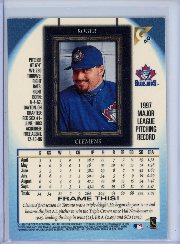 1998 Topps Gallery #40 Roger Clemens Mint | eBay