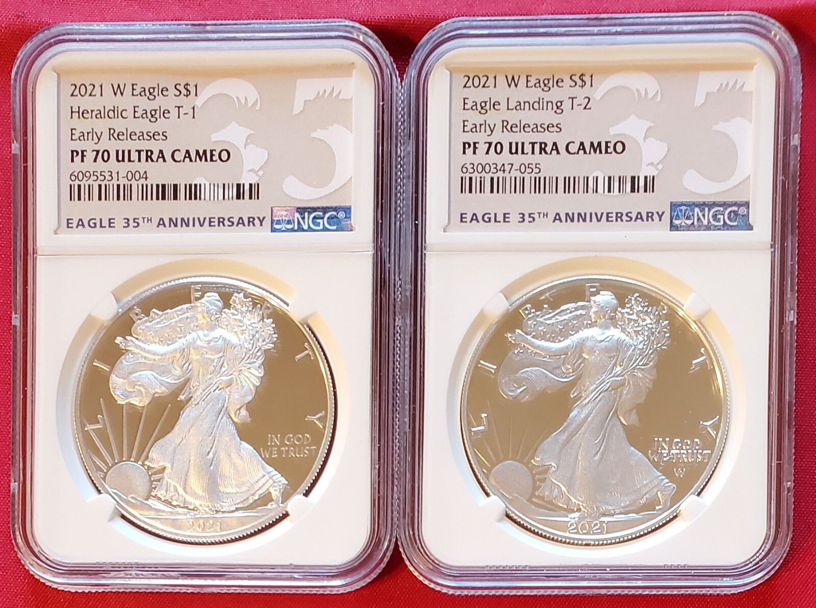 2021 W Silver Eagle T-1 & T-2 S$1 2-Coin Set NGC PF70 UC ER 35th Label ...