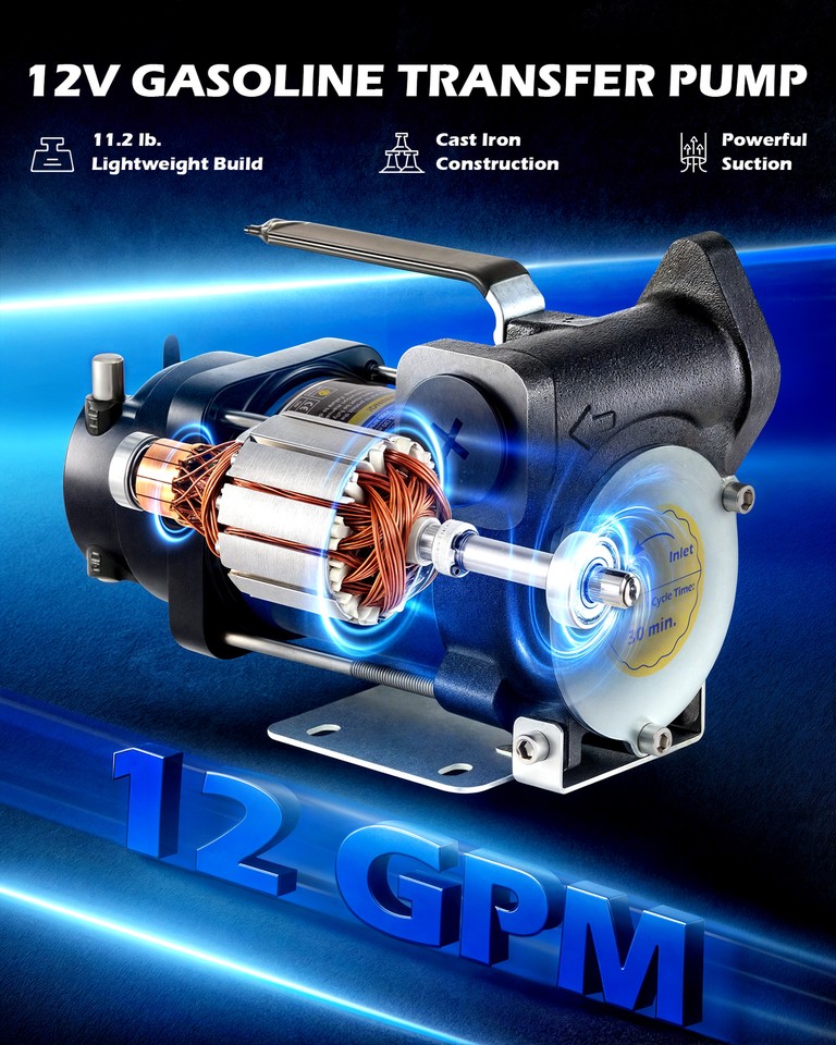 OMT 12gpm Cast Iron Gasoline Transfer Pump 12V Self-Priming Fuel ...