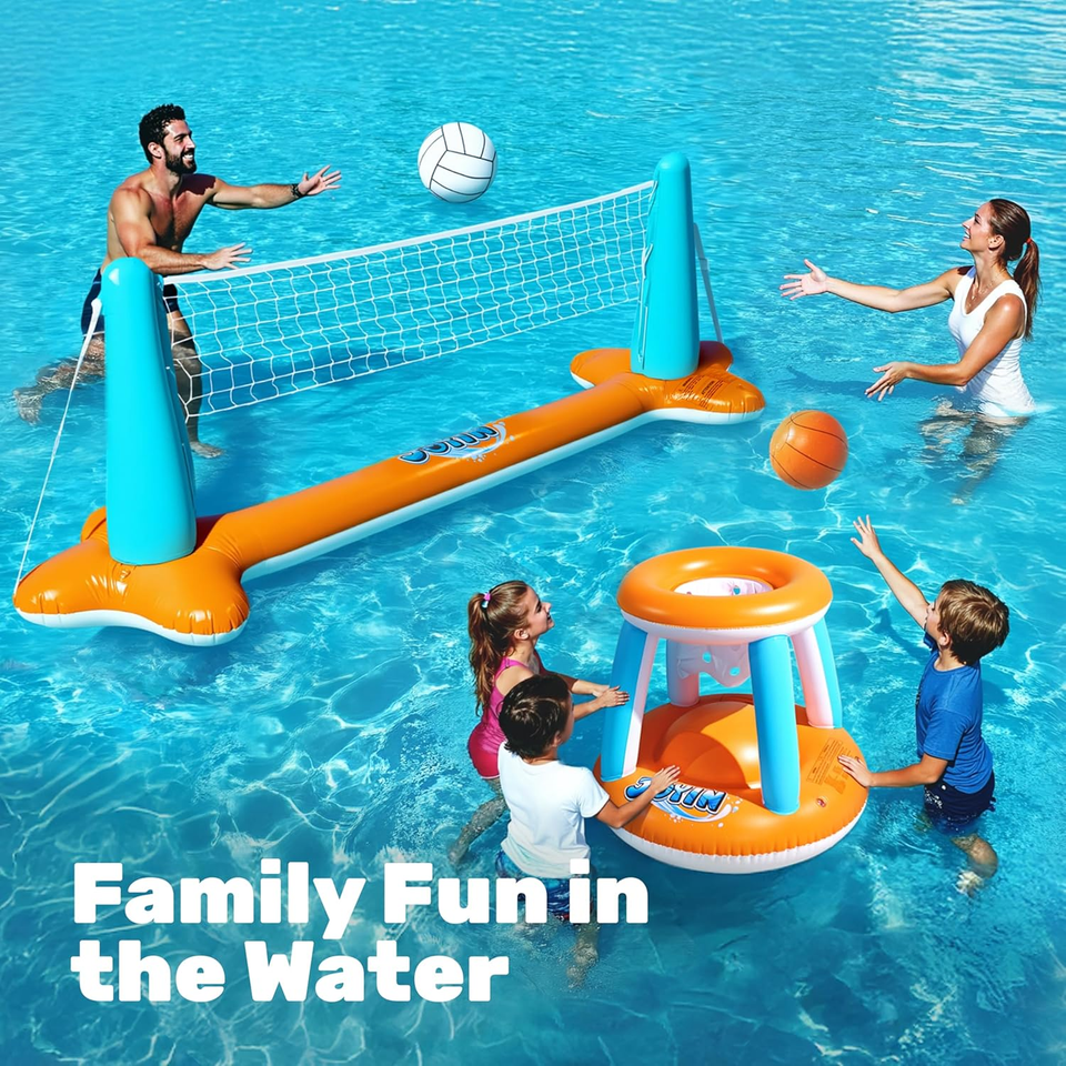 Inflatable Pool Float Set Volleyball Net & Basketball Hoops, Floating ...