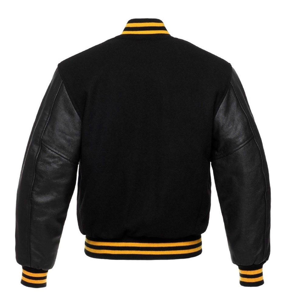 Black Wool Varsity Letterman Bomber Jacket Pure Real Leather Arms Rib Yellow | eBay