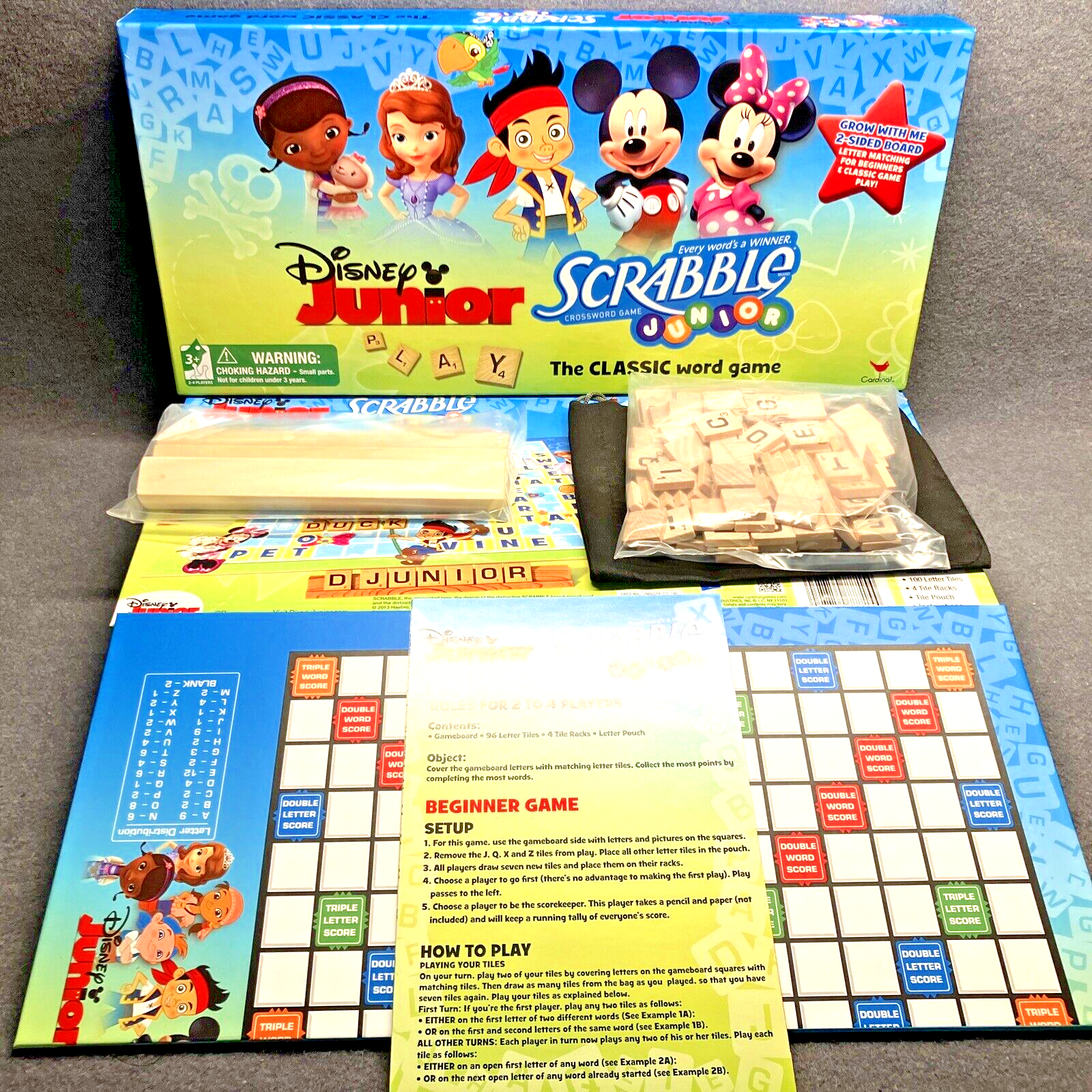 Disney Junior Jr Scrabble Game 2-Sided Board Wood Tiles&Racks, 2013 NOB ...