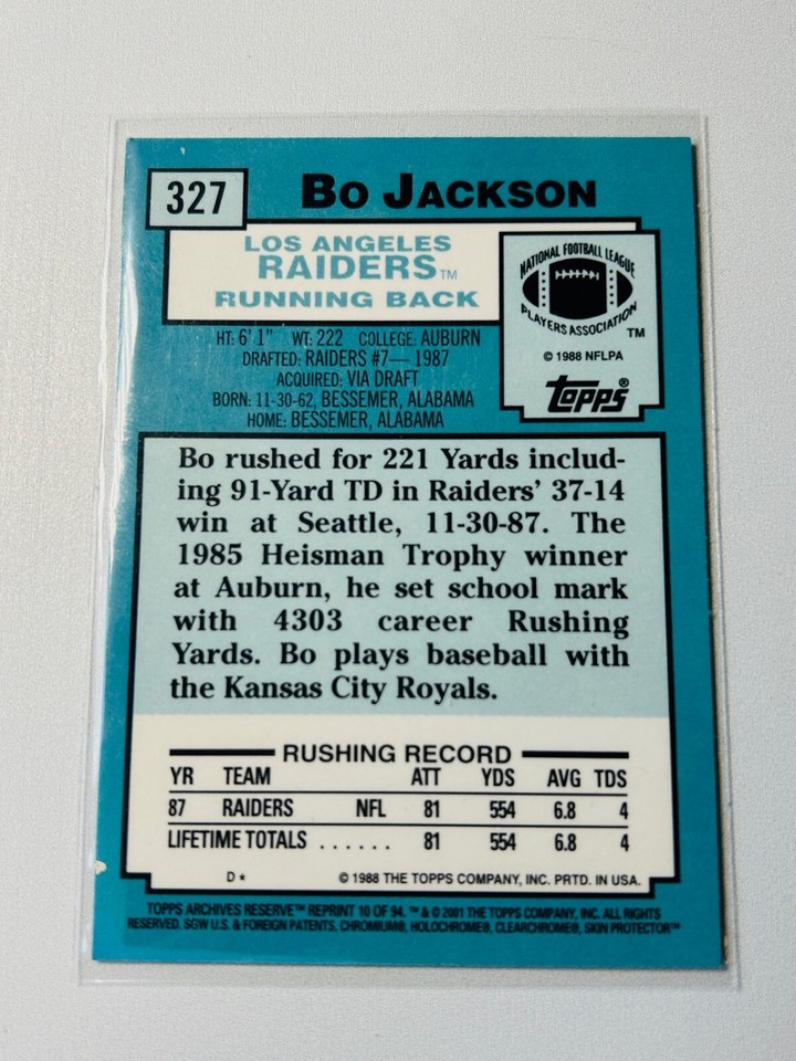 2001 Topps Archives Reserve #10 Bo Jackson Los Angeles Raiders ICONIC ...
