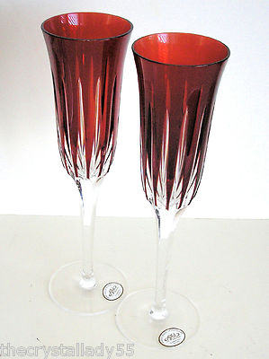 2 AJKA CASTILLE ruby red cased cut to clear crystal champagne flute ...