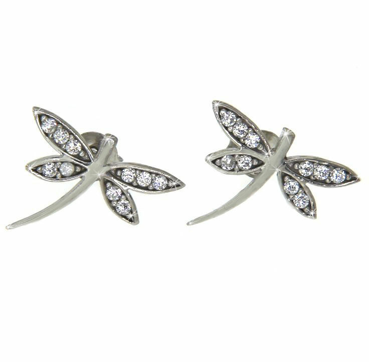 925 Sterling Silver CZ Cute Dragonfly In Rose and Silver Color Earring ...