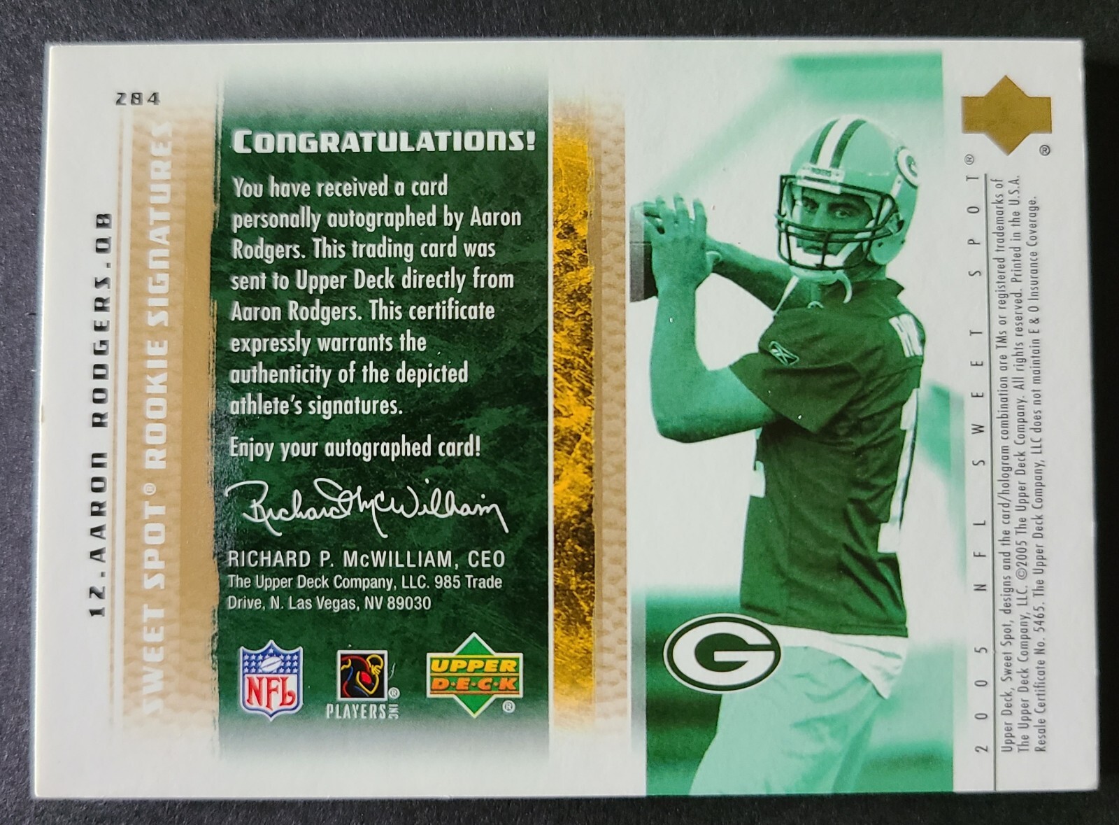 2005 Upper Deck Sweet Spot - Rookie Signatures Gold #284 Aaron Rodgers ...