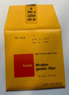 KODAK WRATTEN GELATIN FILTER NO. 82A 3" /7.6cm Square opened w/ filter ...