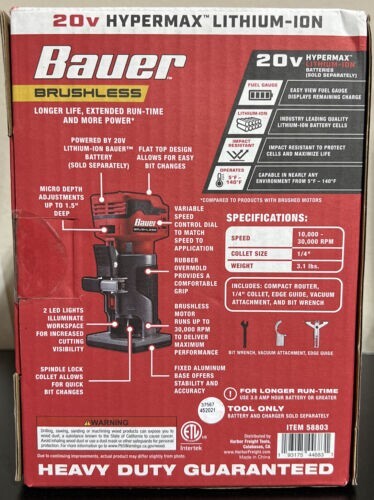 NEW BAUER 20V Brushless Cordless Variable Speed Compact Router (Tool ...