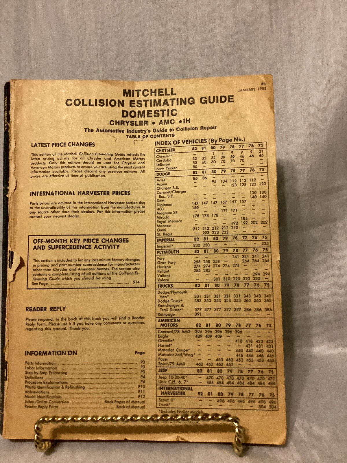 Jan. 1982 Edition Mitchell Collision Estimating Guide Domestic-Chrysler ...